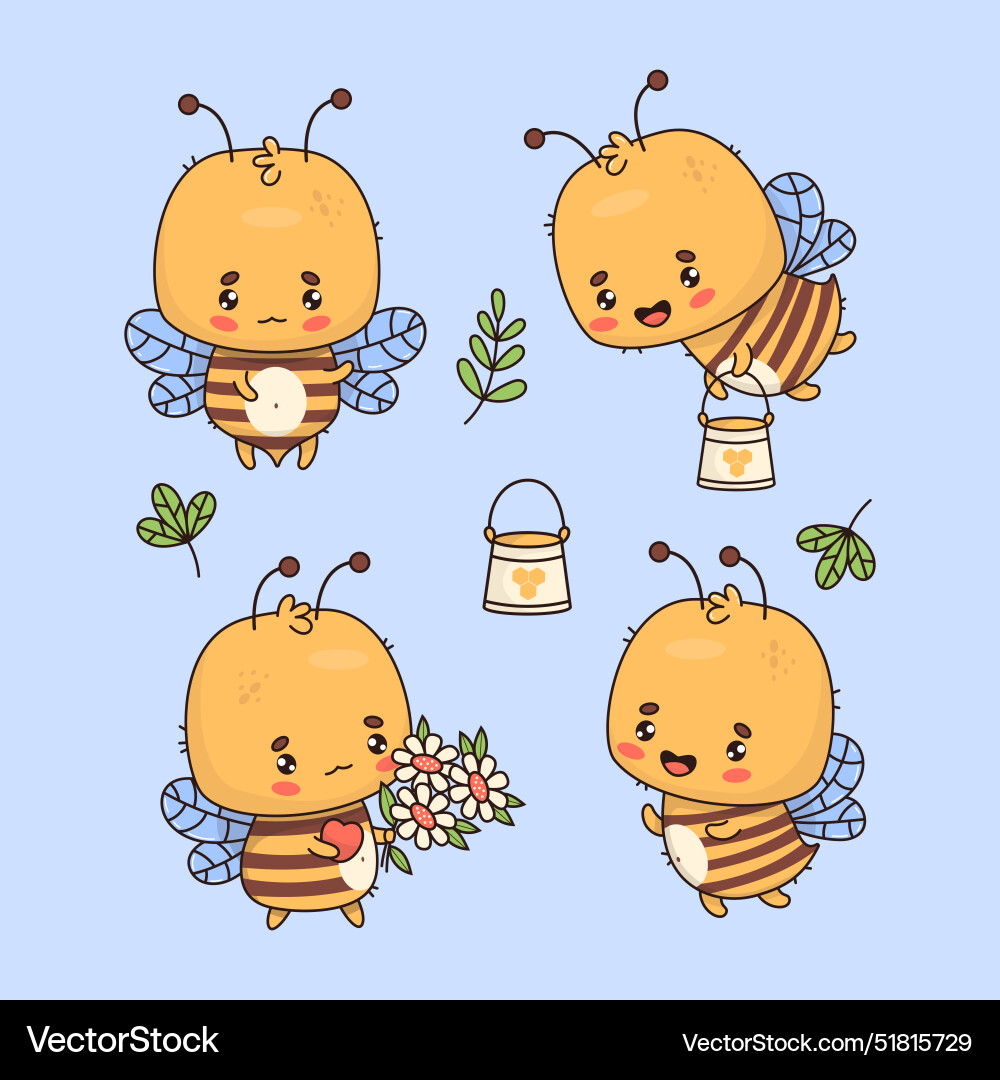 Cute bee set funny insect character with bouquet Vector Image