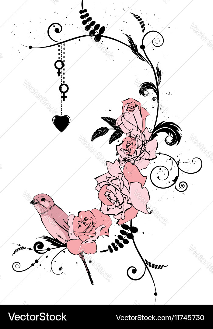 Roses bird and heart Royalty Free Vector Image