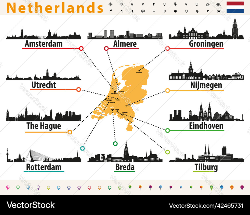 Netherlands map with largest cities skylines Vector Image
