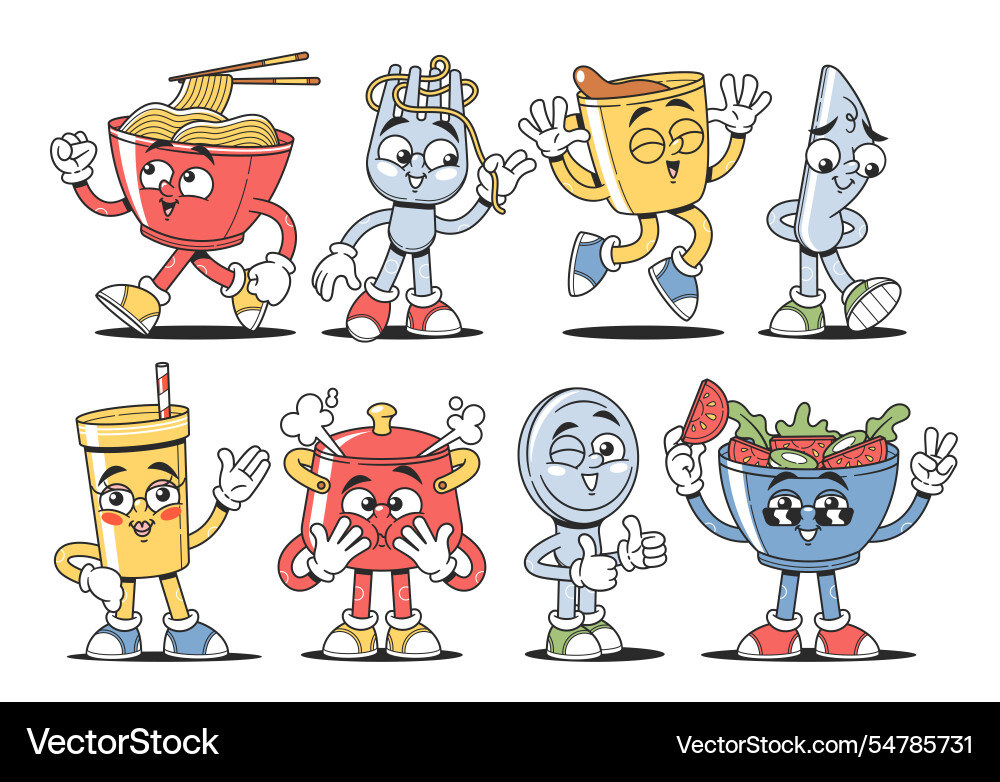 Restaurant utensils dishes cookware funky comic Vector Image