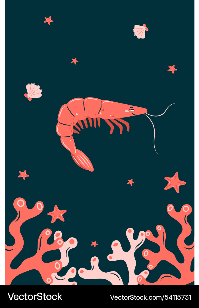 Vertical poster with shrimp on dark background Vector Image