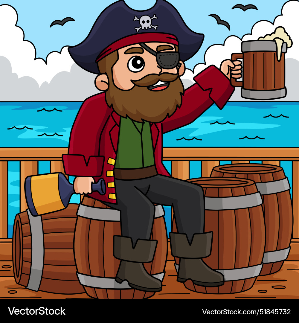 Pirate drinking rum colored cartoon Royalty Free Vector