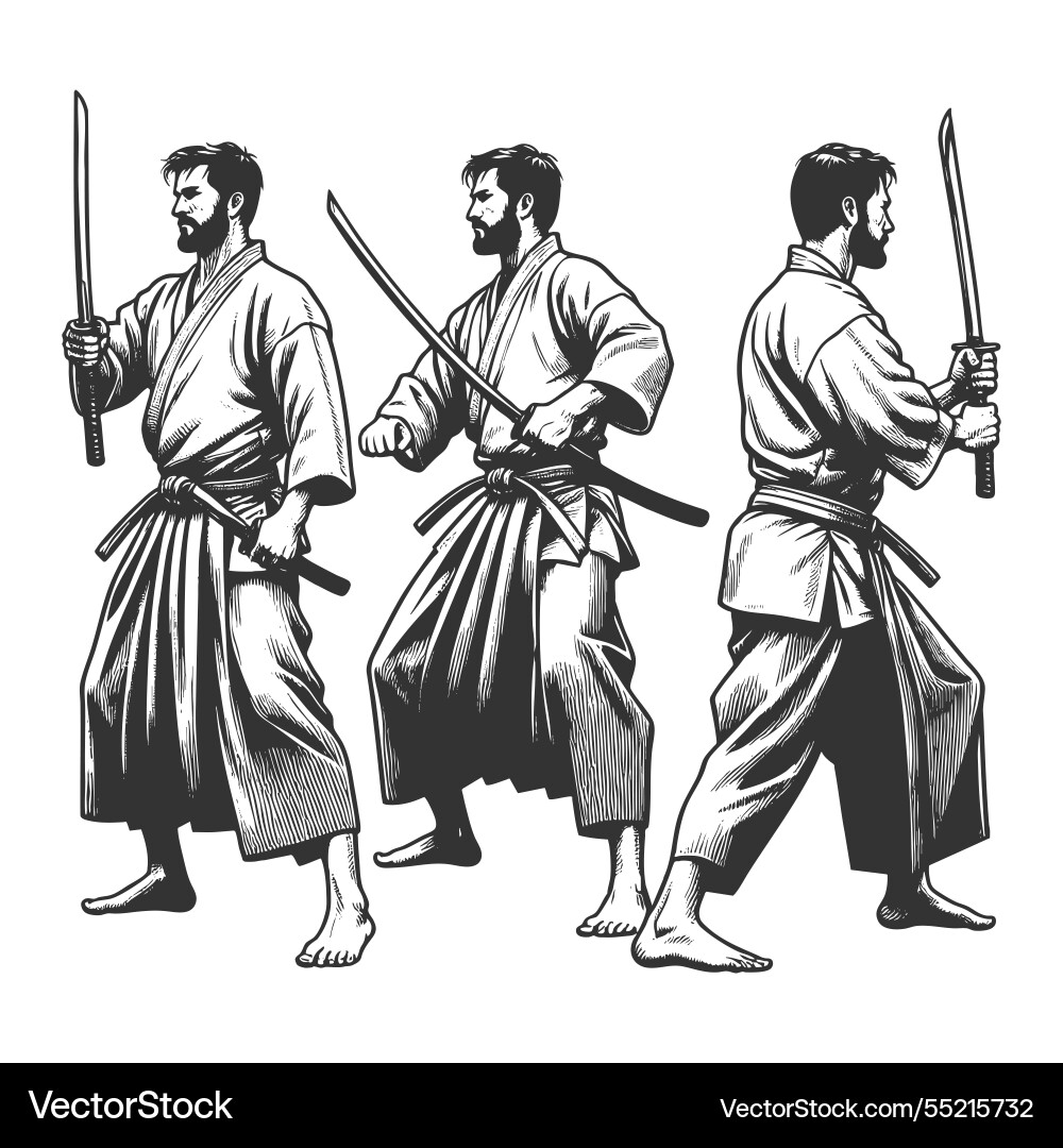 Samurai warriors traditional combat poses Vector Image