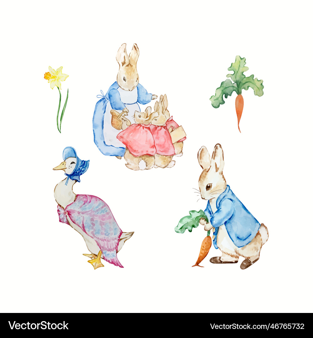 Watercolor cute rabbits in a blue jacket Vector Image