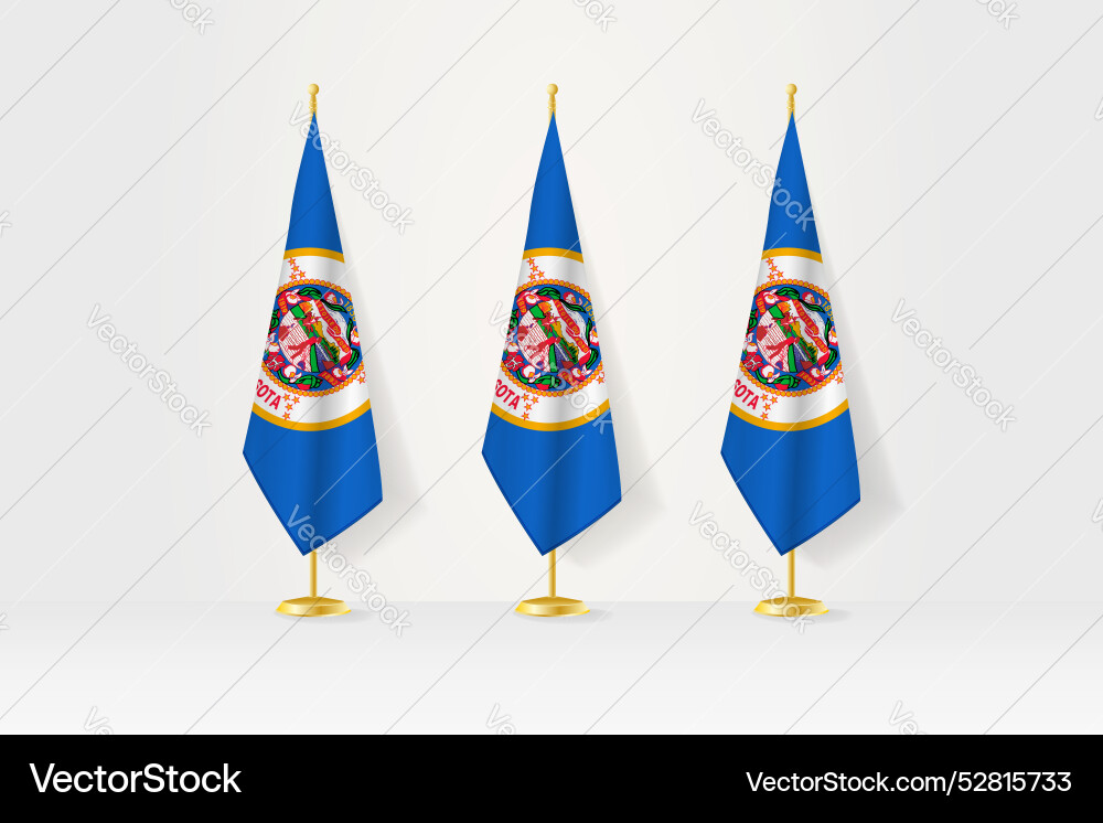 Three minnesota flags in a row on golden stand Vector Image