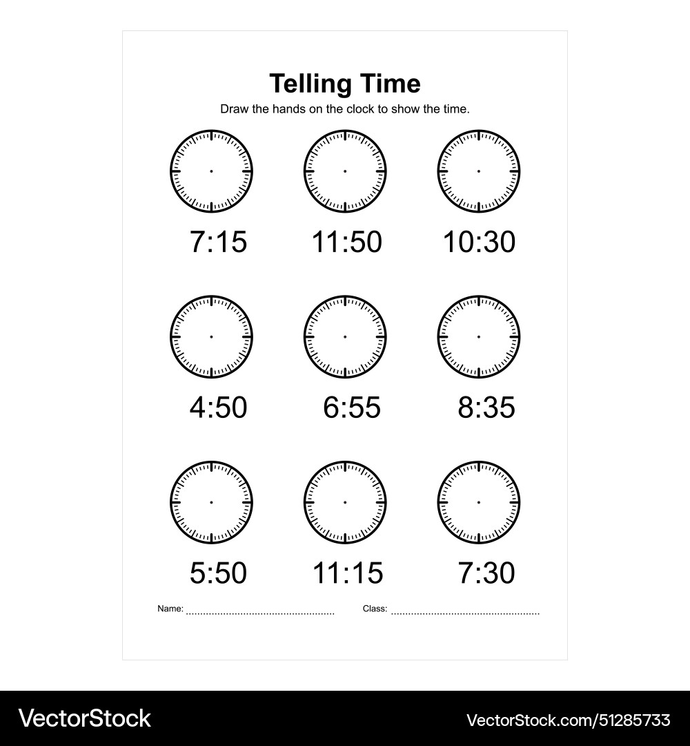 Time and clock worksheets math Royalty Free Vector Image