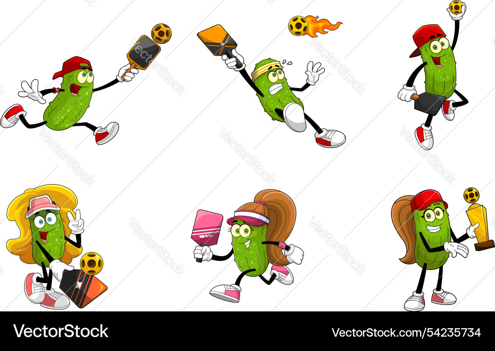 Pickle cartoon characters playing pickleball Vector Image