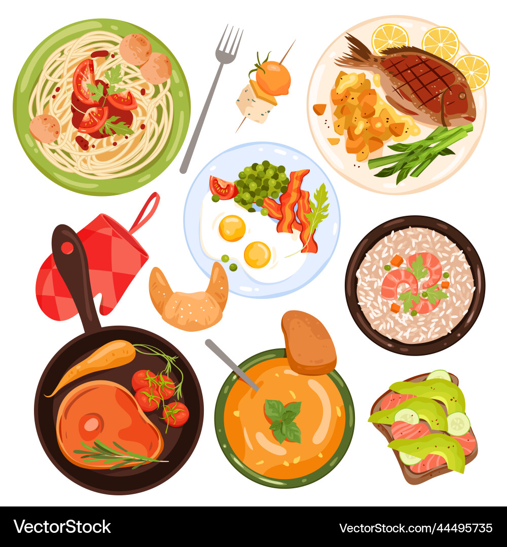 Delicious Food Set - Salmon, Eggs & More Vector Image