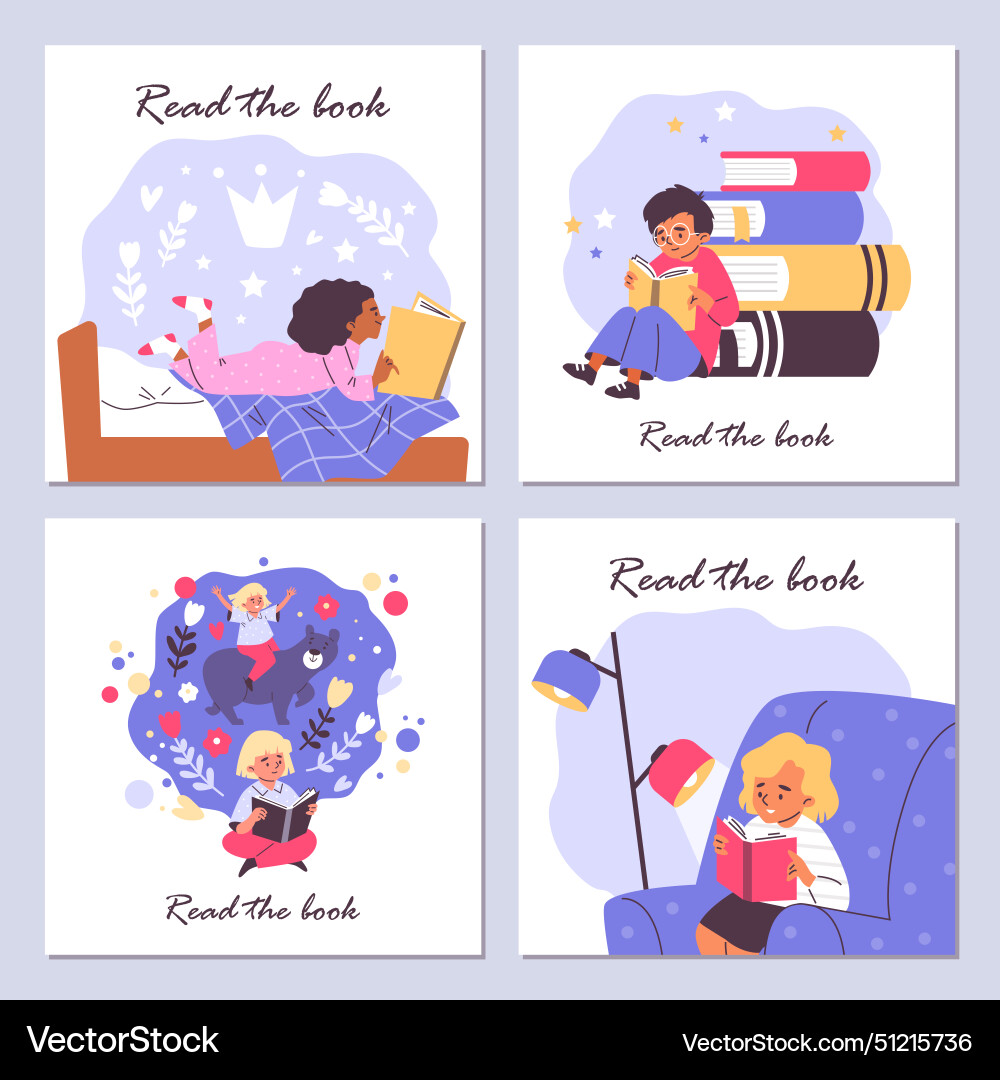 Children reading in cozy spots set Royalty Free Vector Image