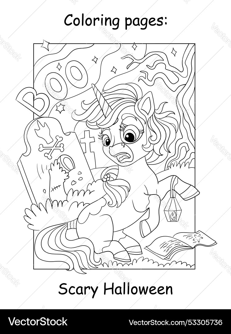Halloween coloring scared unicorn and lettering Vector Image