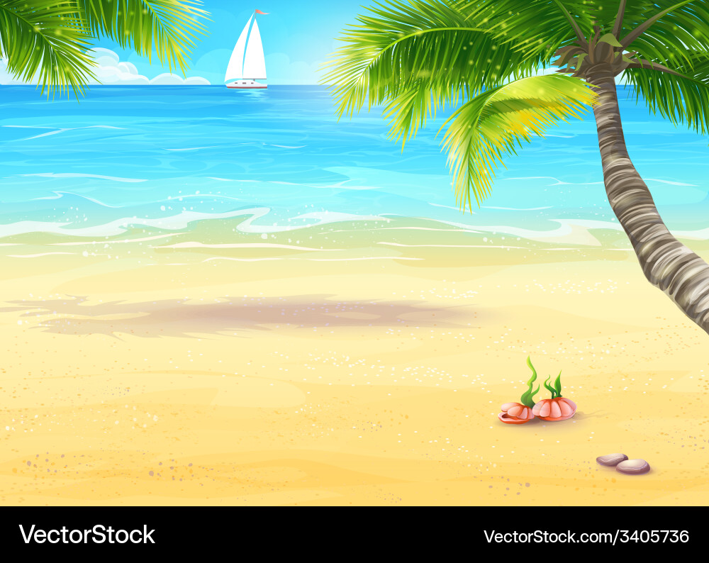 Sea shore with palm trees and seashells Royalty Free Vector