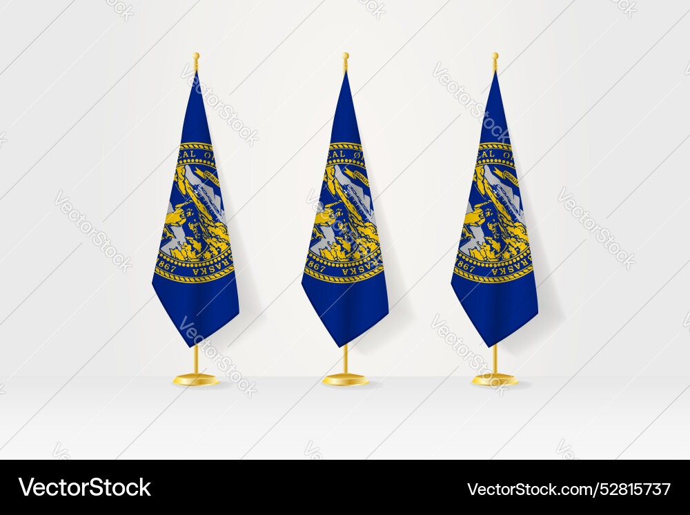 Three nebraska flags in a row on a golden stand Vector Image