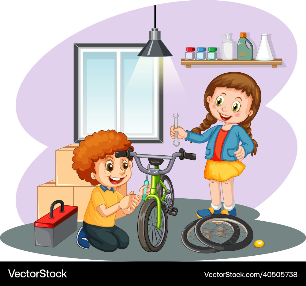 Children fixing a bicycle together Royalty Free Vector Image