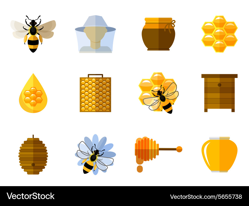 Honey and bee icons in flat set Royalty Free Vector Image