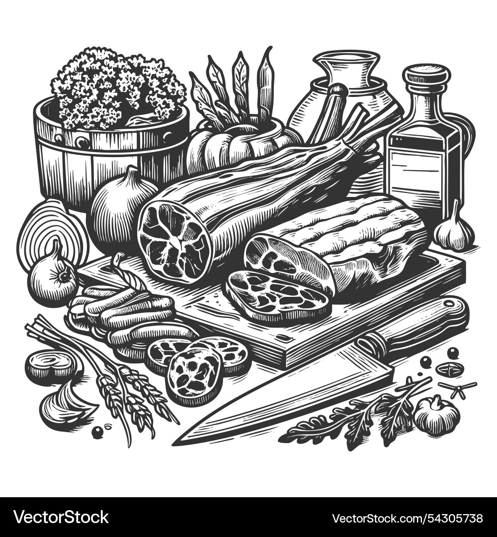 Meat vegetables and herbs engraving Royalty Free Vector