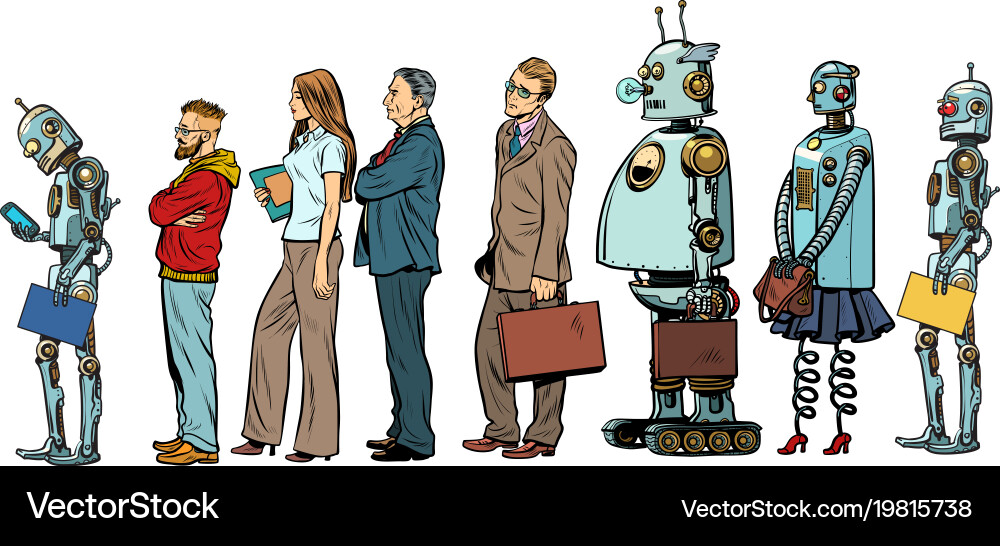 Robots and Humans - Retro Style Royalty Free Vector Image