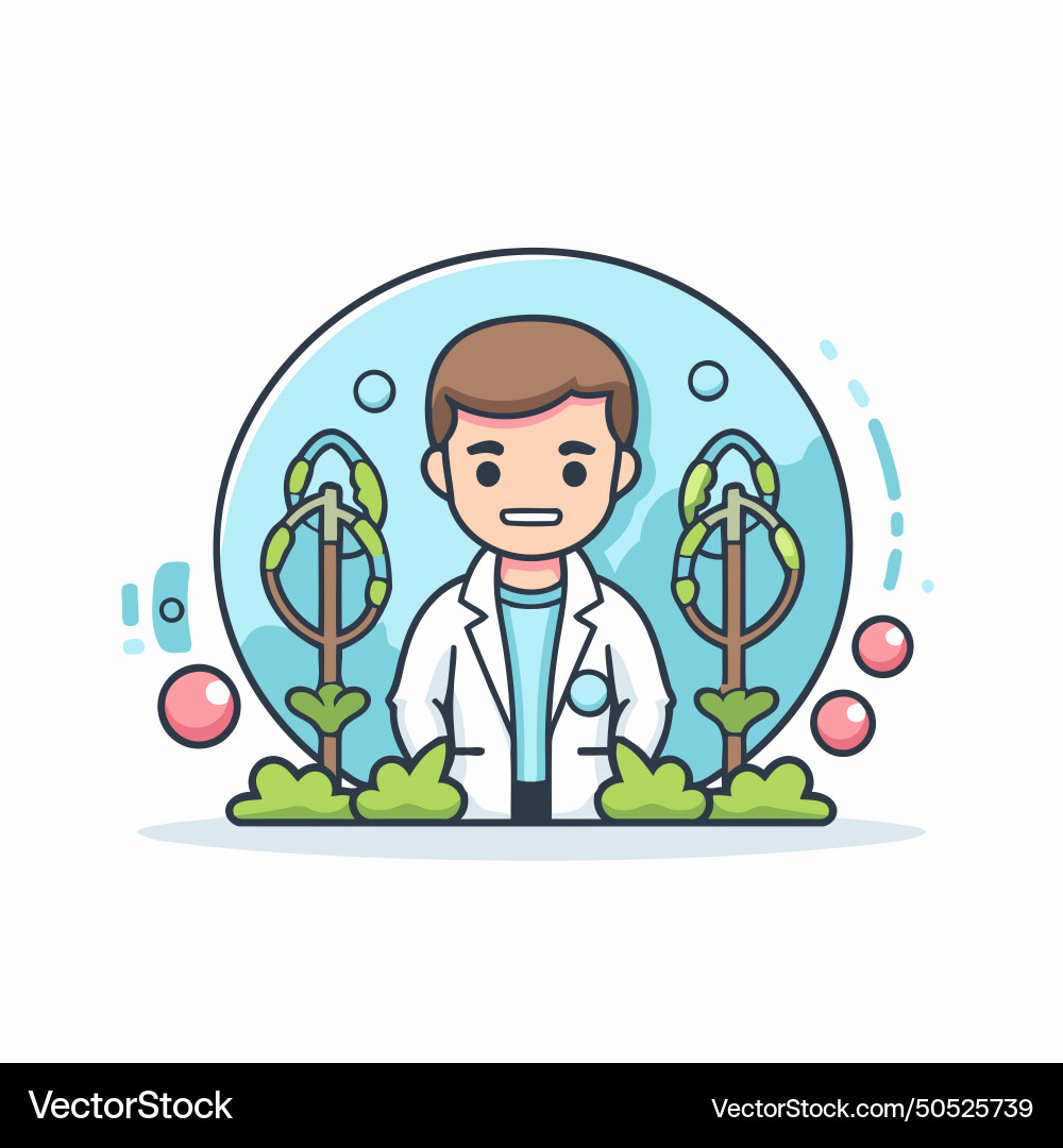 Scientist with tree and bubbles in cartoon style Vector Image