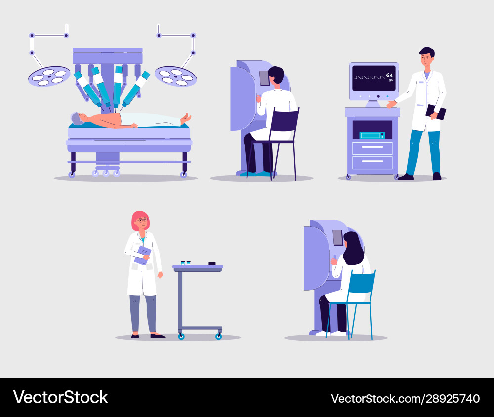 Robot-assisted surgery set with surgeons flat Vector Image