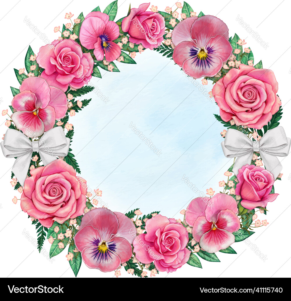 Watercolor pink floral frame wreath with roses Vector Image