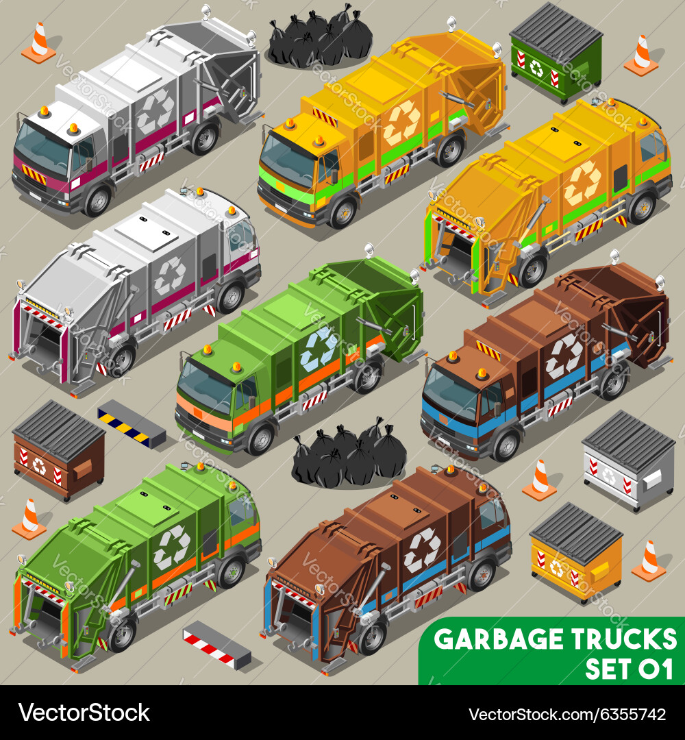 Isometric Garbage Truck Collection Set Royalty Free Vector
