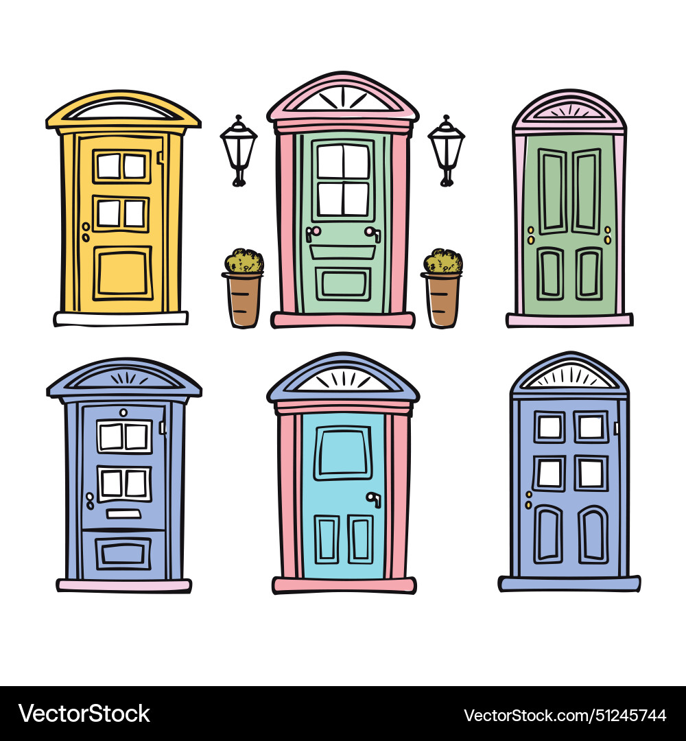 Colorful cartoon doors arranged two rows three Vector Image