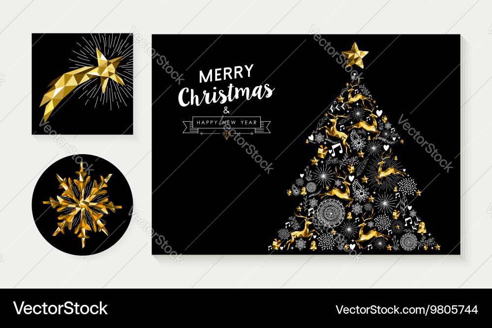 Gold christmas pine tree card design template set Vector Image