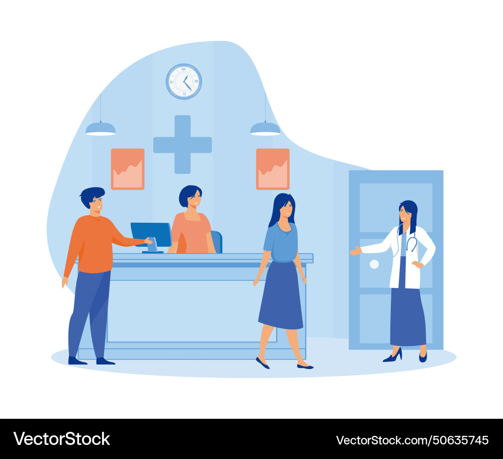 Patients at a hospital reception desk registering Vector Image
