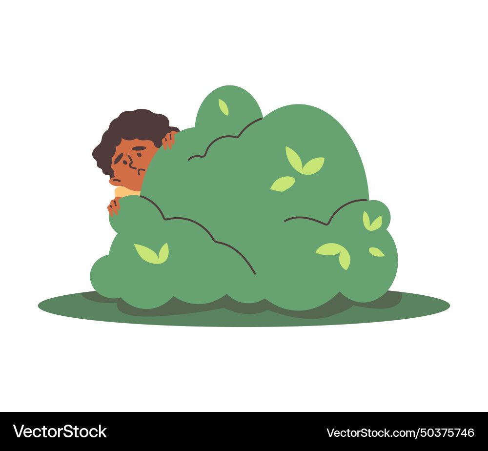 Scared child hiding behind green bush and peeping Vector Image