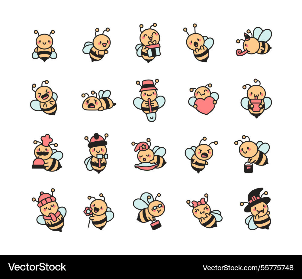 Adorable set of cute bee characters expressing Vector Image