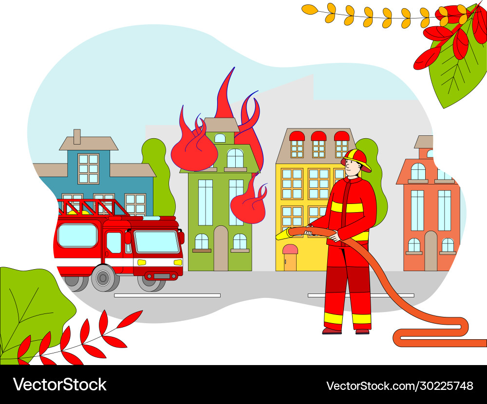 Firefighter Rescuing People from Burning House Vector Image