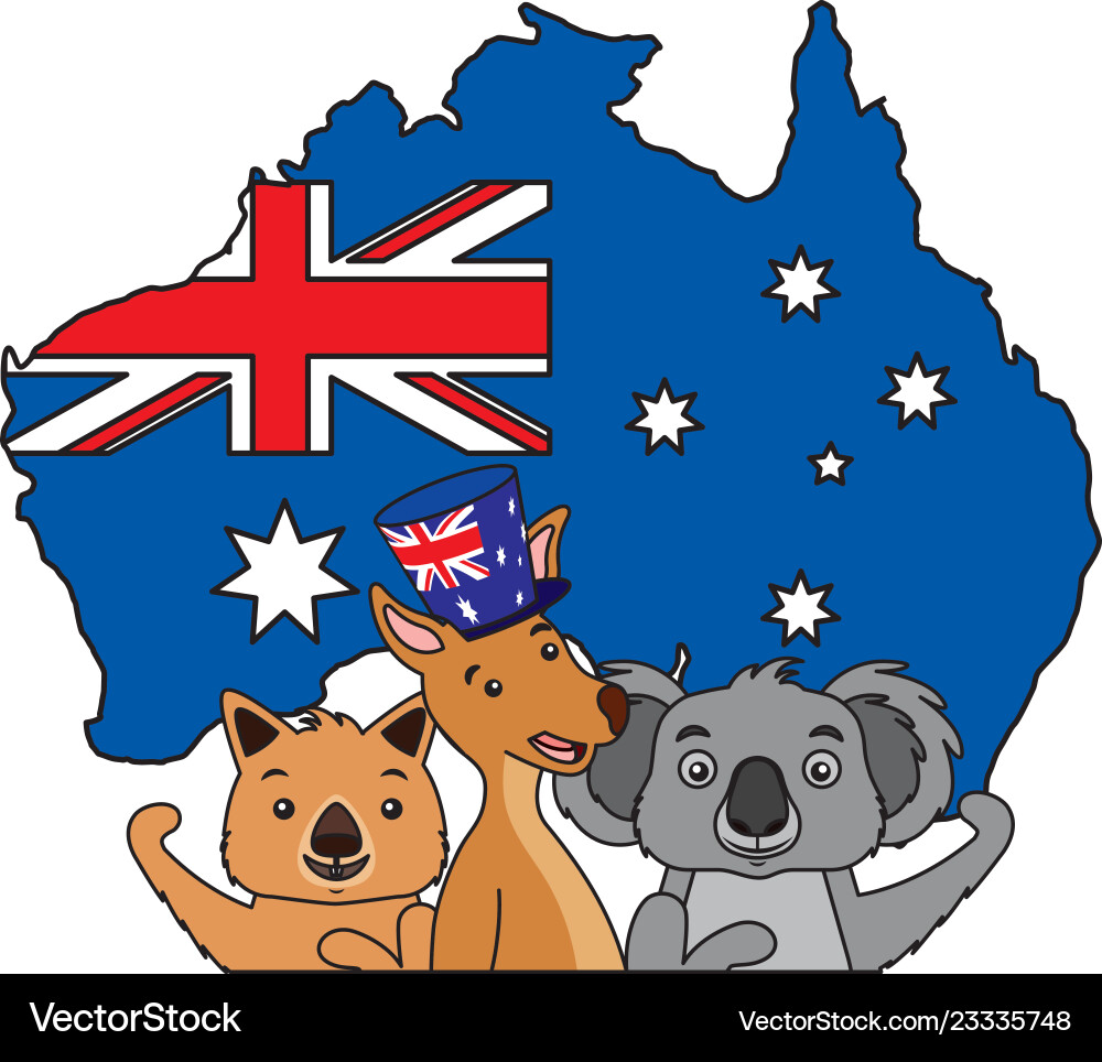 Kangaroo koala wombat and emu australian flag map Vector Image