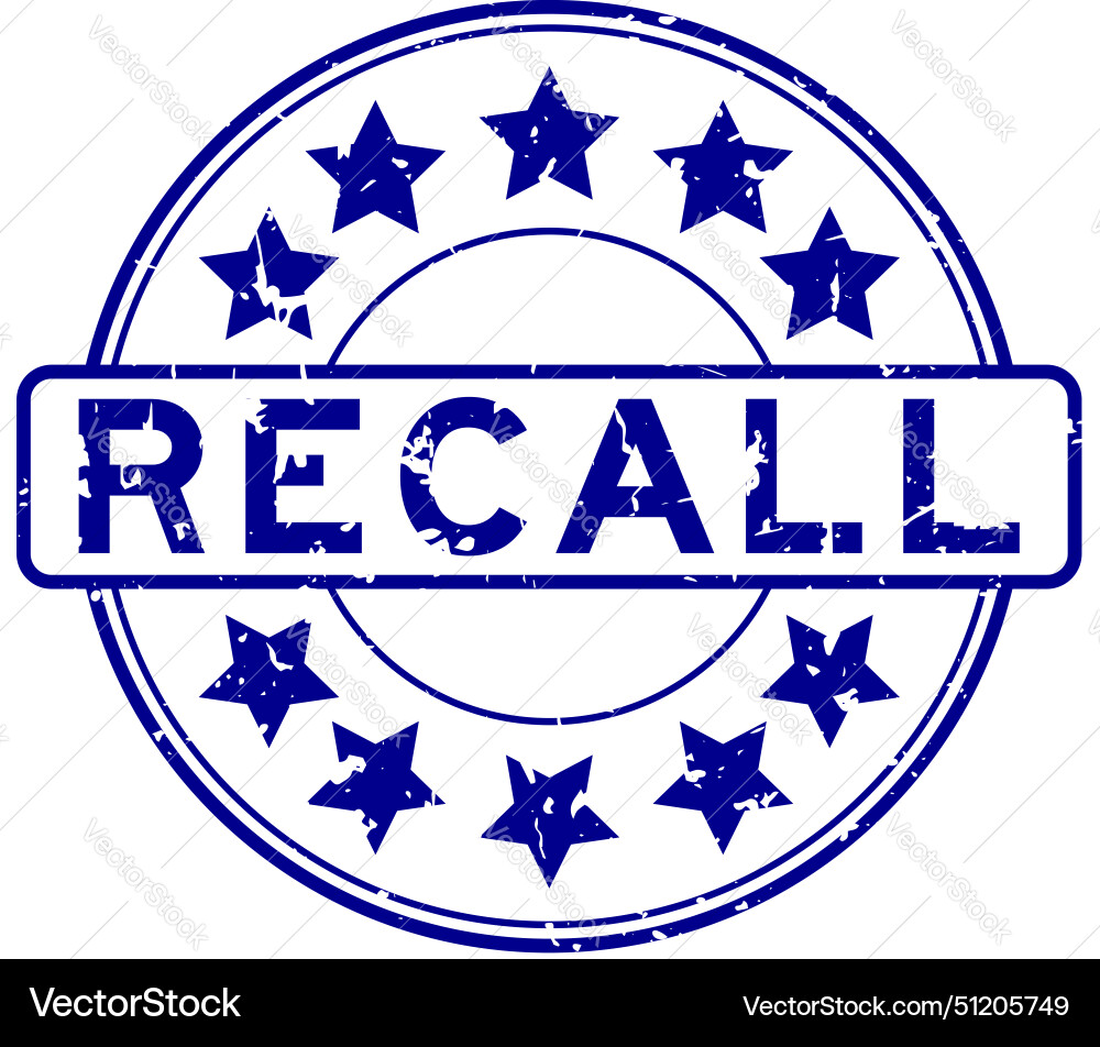 Grunge blue recall word with star icon round Vector Image