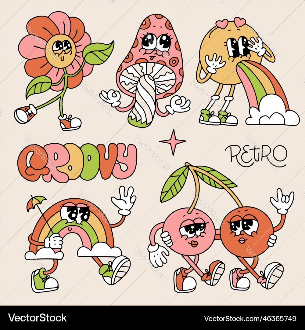 Retro 70s psychedelic characters set cartoon Vector Image