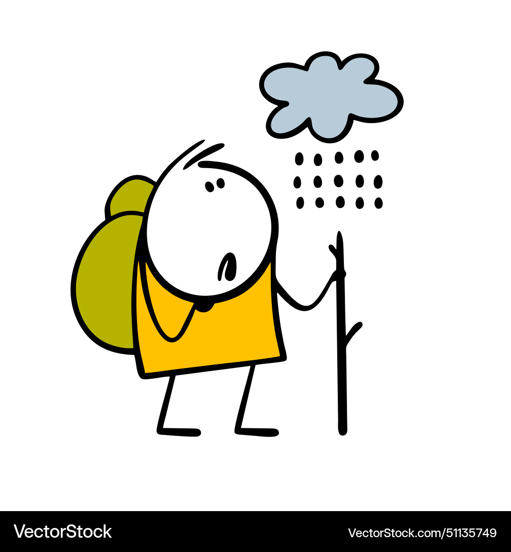 Sad traveler with a stick and backpack looks Vector Image