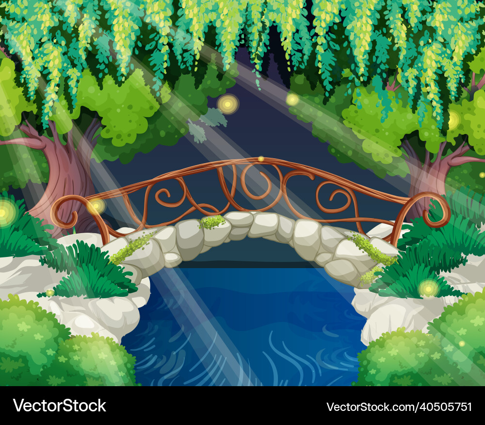 Enchanted garden scene with stone bridge Vector Image