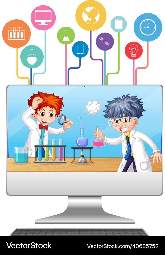 Computer with scientist kid cartoon character Vector Image
