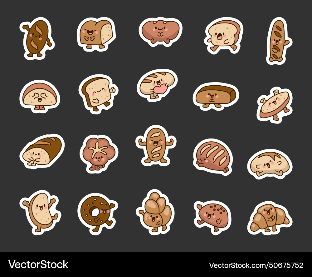 Happy bread face characters sticker bookmark Vector Image