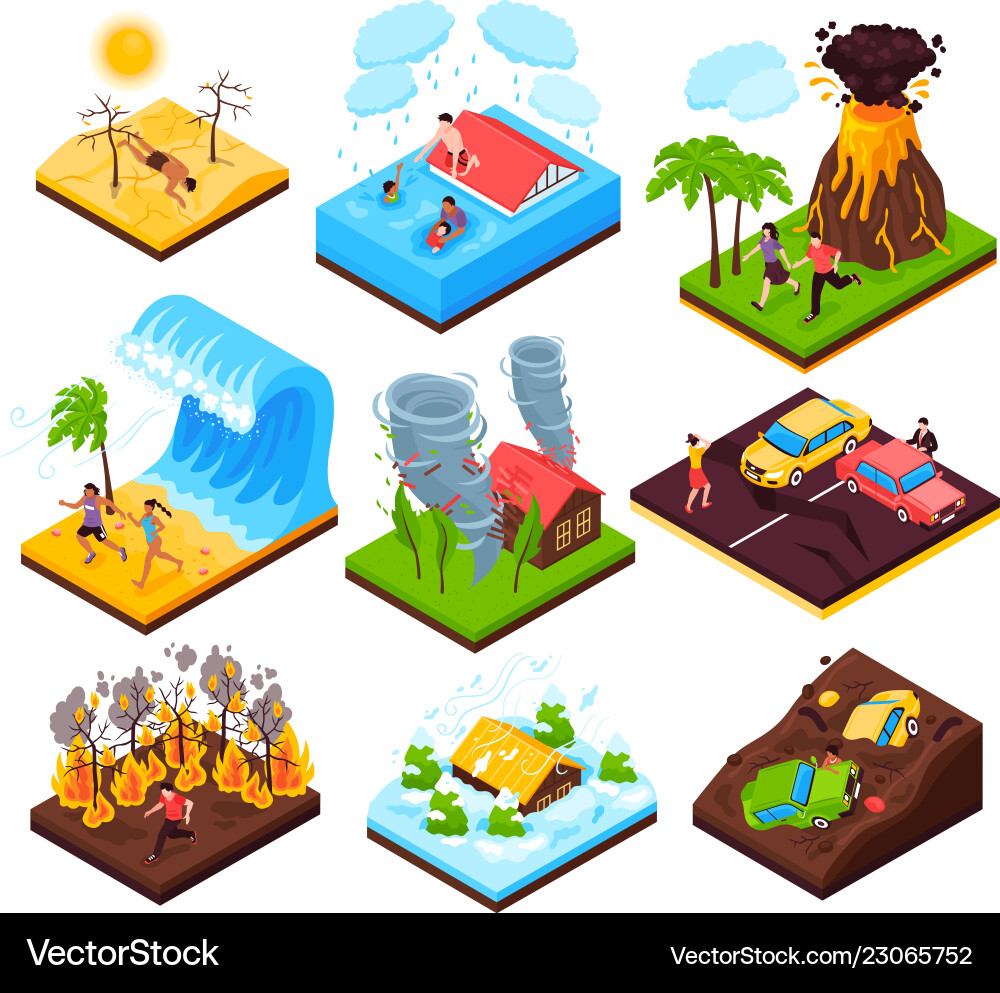 Natural disaster isometric set Royalty Free Vector Image
