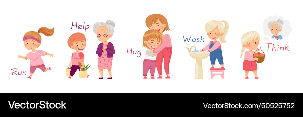 Verbs study with little kids doing different Vector Image