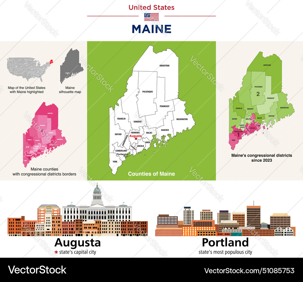 Maine Counties & Districts Map Royalty Free Vector Image