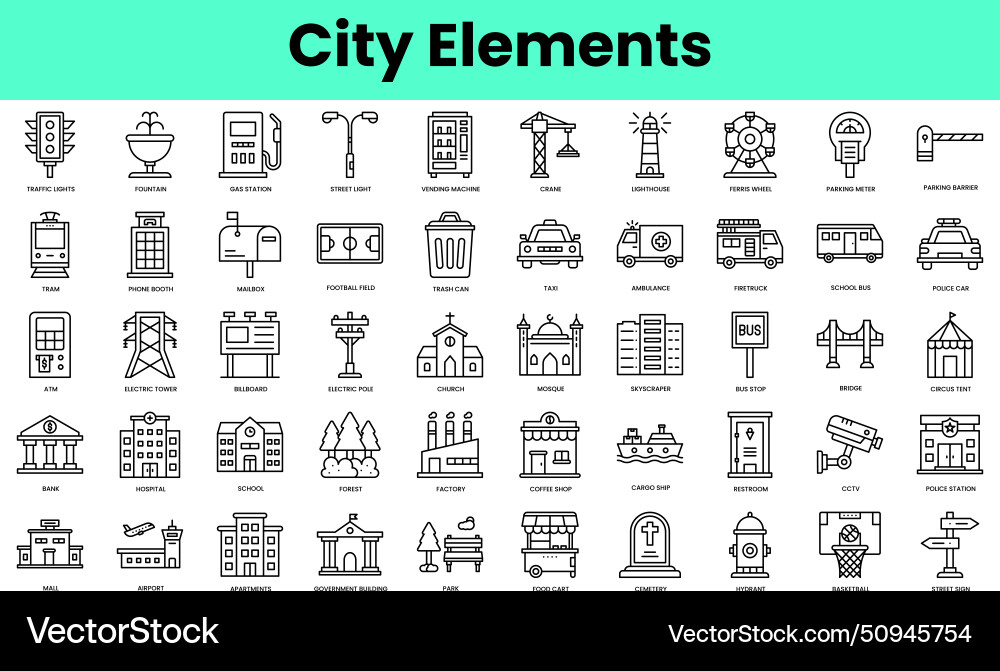 Set of city elements icons linear style icon Vector Image