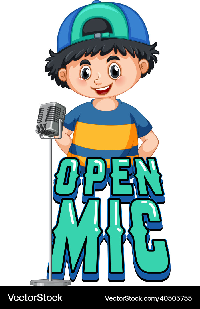 Open mic logo design mit boy karikatur charakter Vektorbild