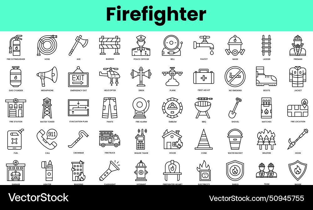 Set of firefighter icons linear style icon bundle Vector Image