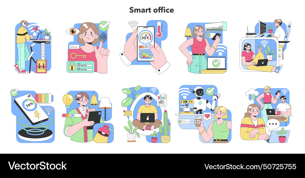 Smart office set flat Royalty Free Vector Image