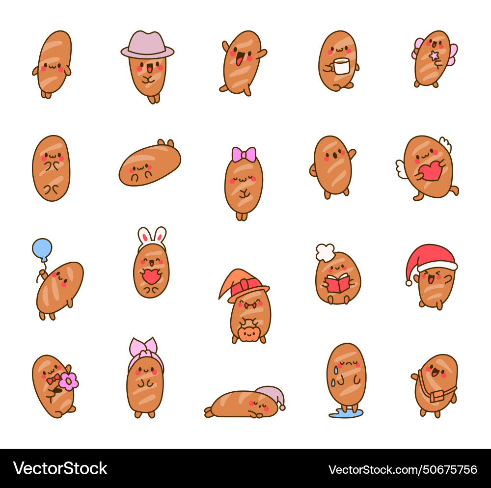 Funny bread characters tasty bakery pastries Vector Image
