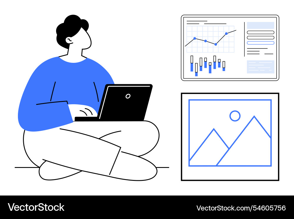 Individual working on laptop with data analytics Vector Image