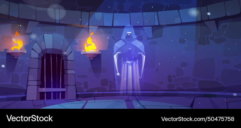 Castle dungeon hall with iron gates and ghost Vector Image