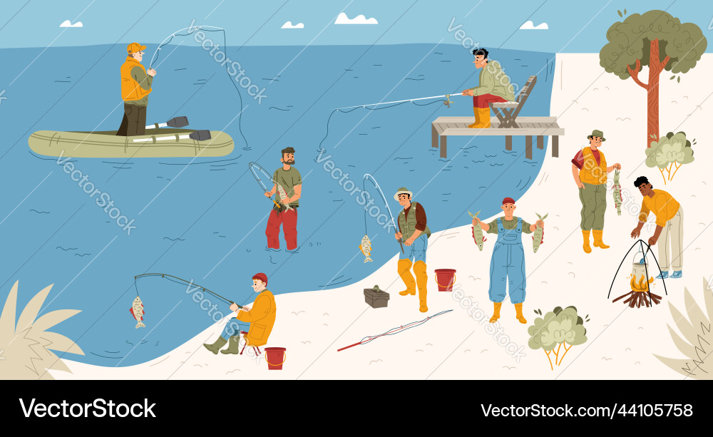 Fishermen with rods catch fish in river Royalty Free Vector