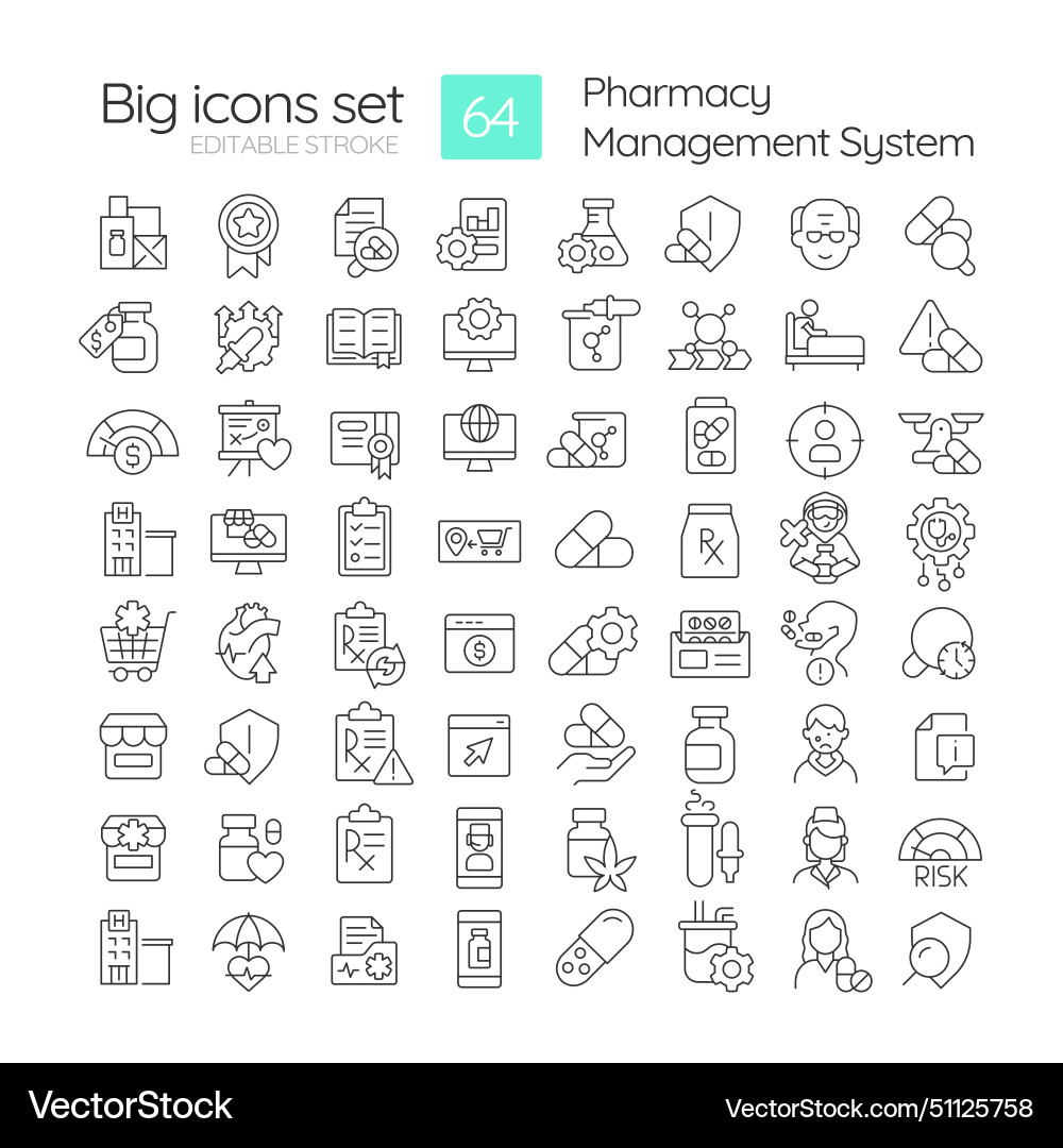 Pharmacy management system linear icons set Vector Image