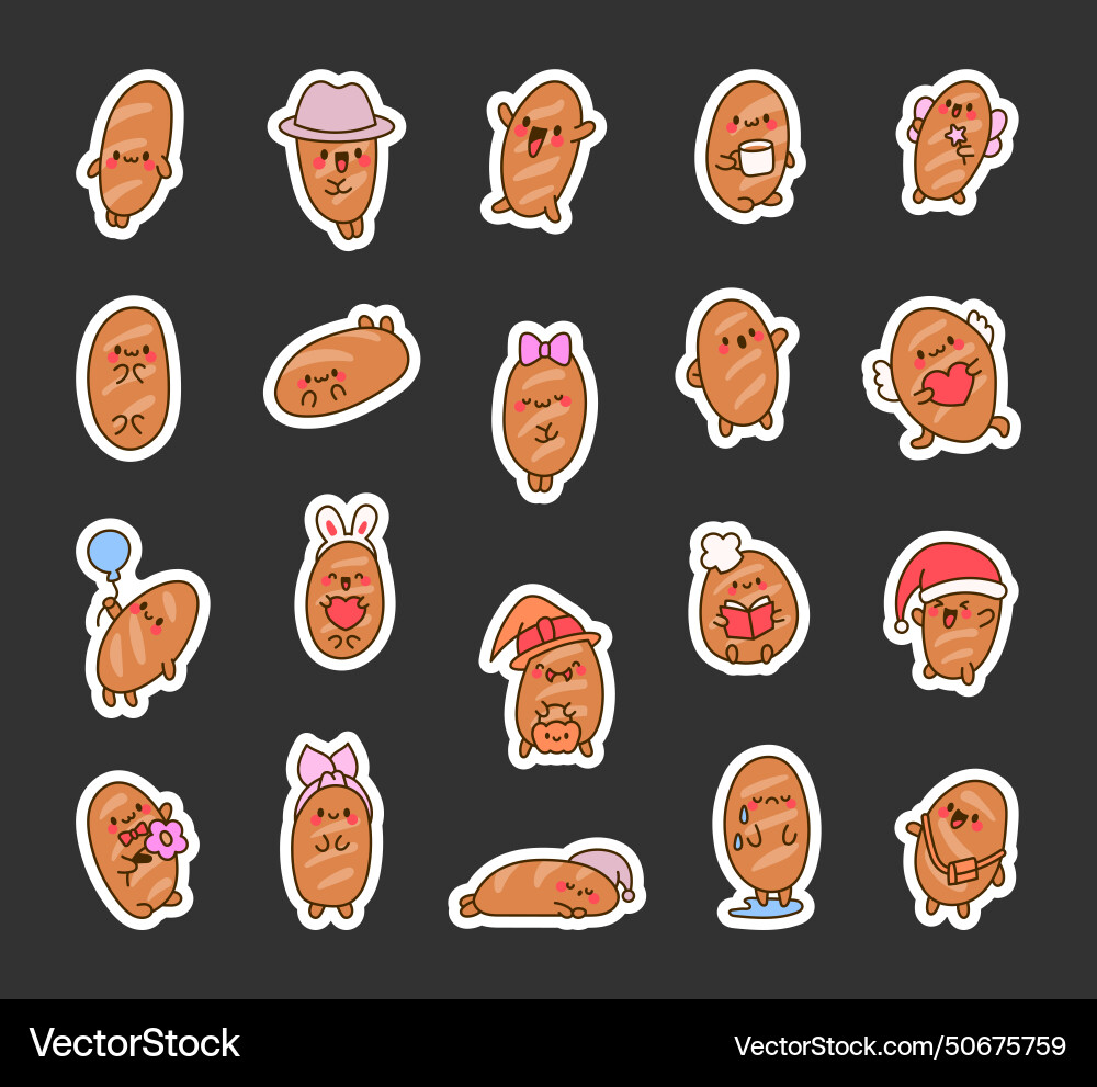 Funny bread characters sticker bookmark cute Vector Image